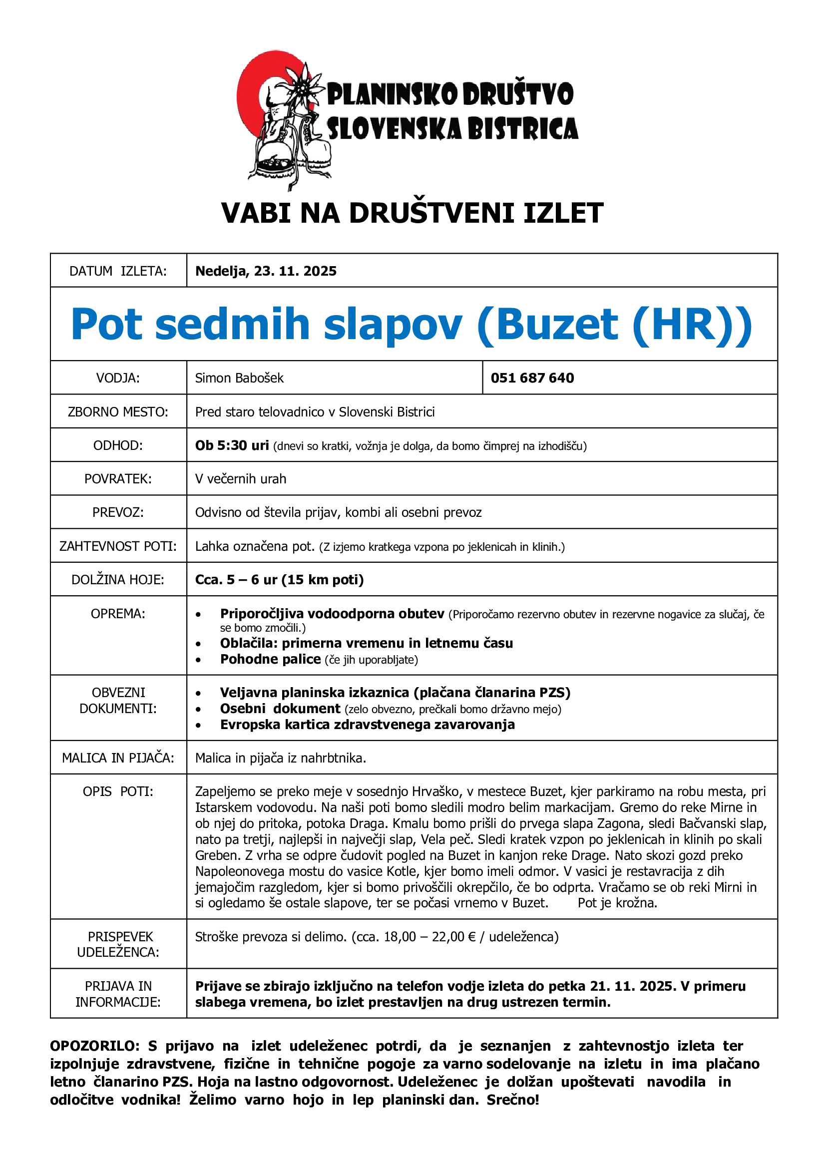 VABILO – POT SEDMIH SLAPOV – 23.11.2025